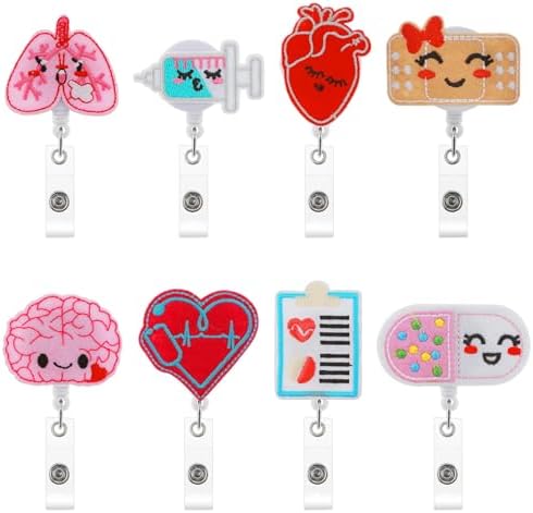 8 Pieces Nurse Retractable Badge Holders Felt Badge Reels, Brain Heart ...