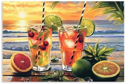 Amazon.com: BJYCHG Kitchen Wall Art Sunset Beach Canvas Tropical Fruit ...