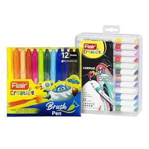 FLAIR Creative Series 12 Bright Multicolour Brush Pen & 12 Multicolor ...