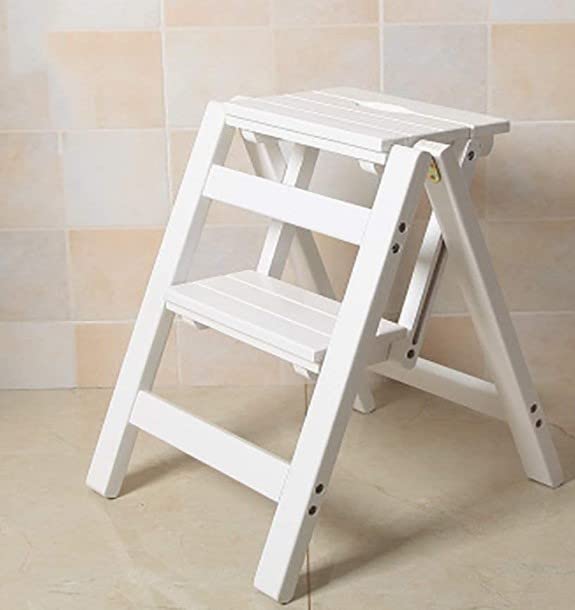 2 Steps White Folding Wooden Step Stool,Portable Step Stool Ladder Seat ...