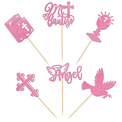 Snapklik.com : 24 PCS Pink Spanish Mi Bautizo Cupcake Toppers Glitter ...