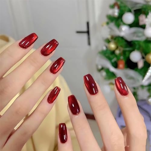 Amazon.com: Red Press on Nails Short Square Fake Nails Wine Red False ...