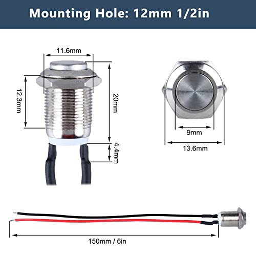 Snapklik.com : DMWD 2-Pack 12mm Momentary Metal Waterproof Push Button Switch Raised Head 1/2 ...