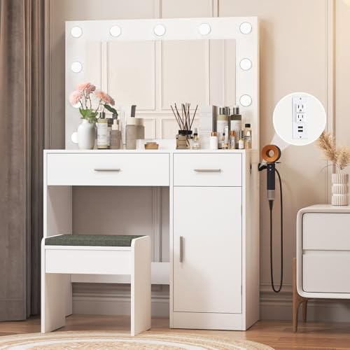 Viaozutis Vanity Desk with Mirror and Light, Large Drawer Power Socket ...