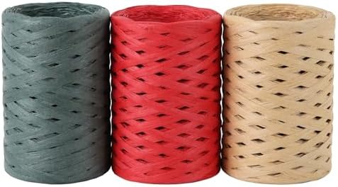 Amazon.com: CREATRILL Raffia Ribbon Red Green Natural 3 Rolls 1080 Feet ...