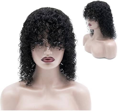 Amazon.com : 12 Inch Curly Human Hair Wigs with Bangs 150% Density ...