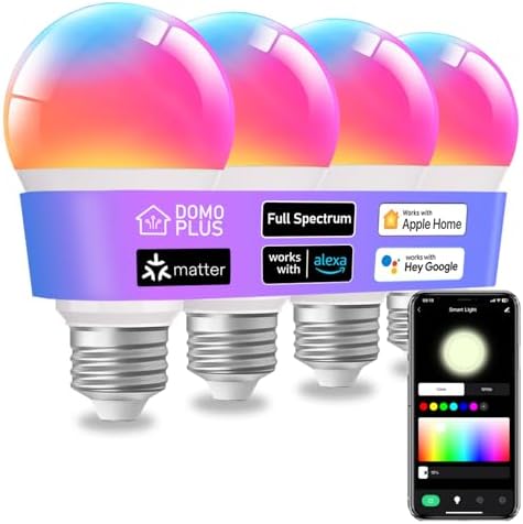 DomoPlus Matter Smart A19 Light Bulbs, Full Spectrum Light Bulb ...