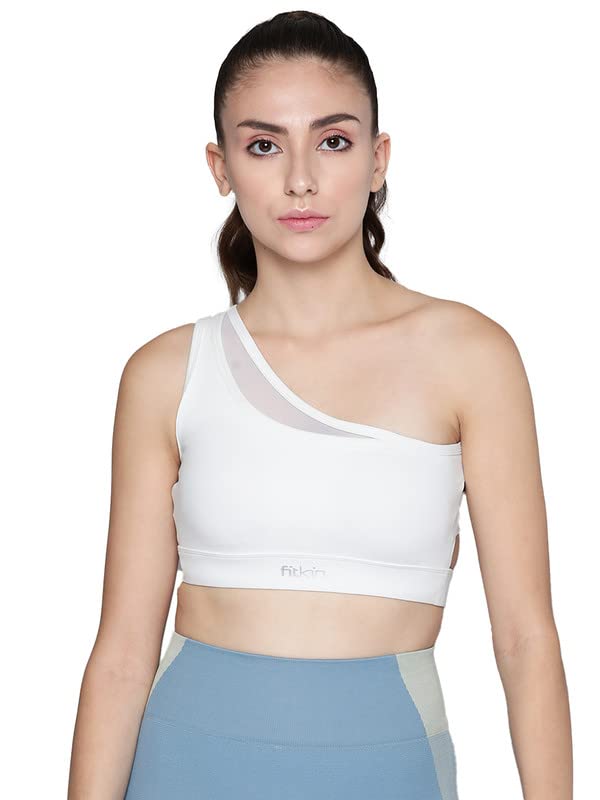 Buy FITKIN Women's One Shoulder with Mesh Pannel White Bra Lightly ...