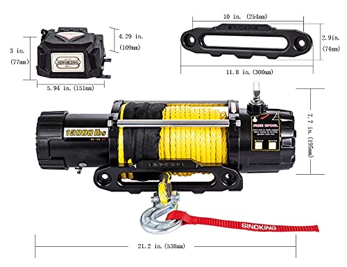 SINOKING 12V Electric Winch 12000lb Waterproof Synthetic Rope Offroad ...