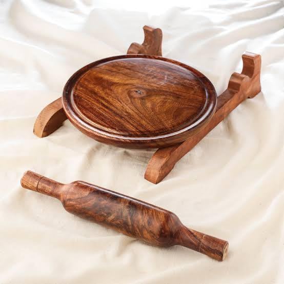Wonder Craft Hub Wooden Chakla belan with Stand, Round Chapati Chakla ...