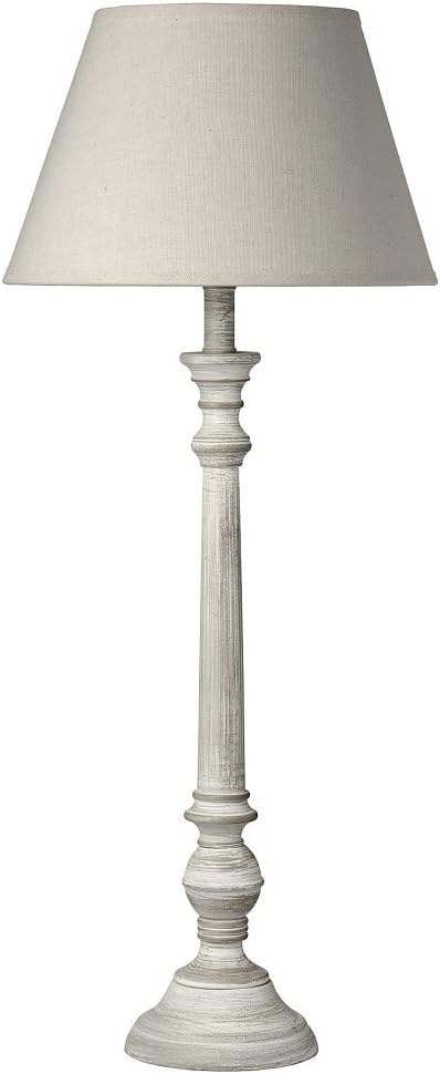 White Washed Wood Vintage Rustic Candlestick Table Lamp with Linen ...
