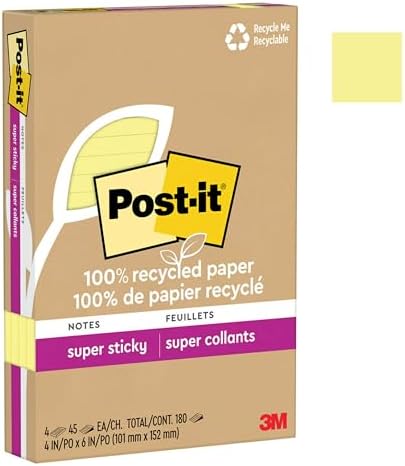 Amazon.com : Post-it Super Sticky 100% Recycled Notes, 4 Sticky Note ...