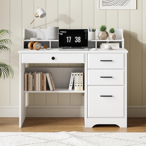 Amazon.com: TTVIEW Computer Desk with Drawers and Hutch Shelf, Wood ...