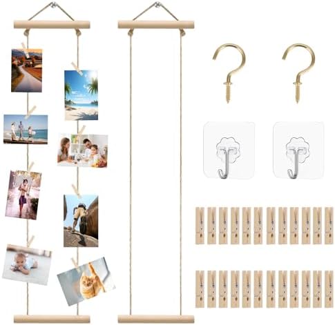 Set of 2 Hanging Photo Display with 30 Clips and Hook, Wooden Photo ...