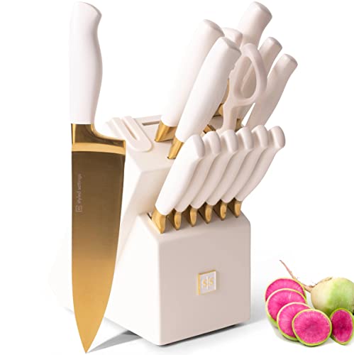 Gold Knife Set with Block Self-Sharpening – 14-Piece Titanium Coated ...