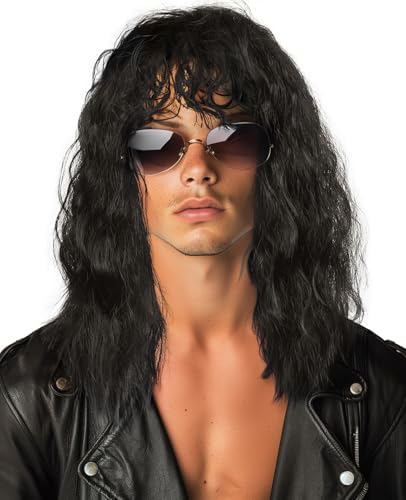 Amazon.com: UQJE Men’s 80s Wig Black Long Curly Wig Rocker Wig Costume ...