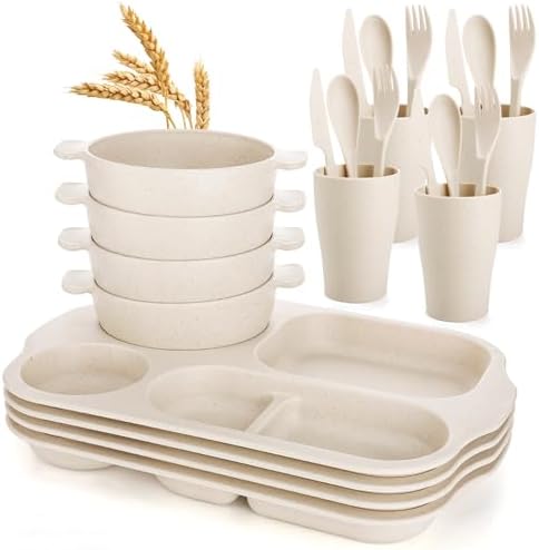 Amazon.com: 24Pcs Wheat Straw Dinnerware Sets for 4 - College Dorm Room ...