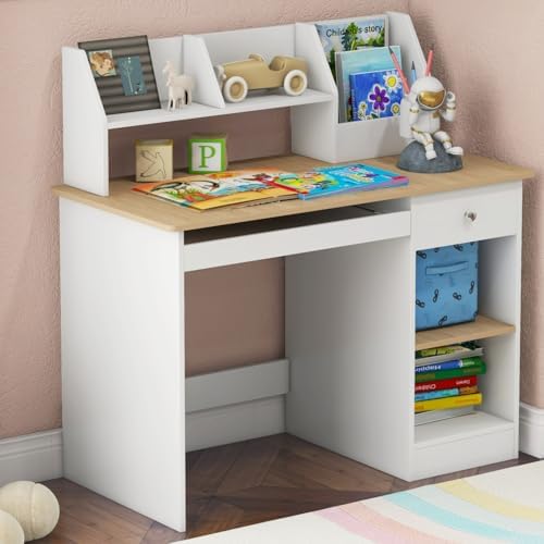 GYMAX Wooden Kids Desk, Children Study Table with Drawer, Tabletop ...