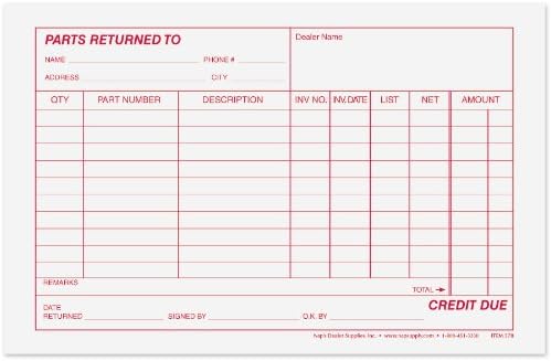 Amazon.com : Auto Parts Return Form - Credit Due - Pack of 250 ...