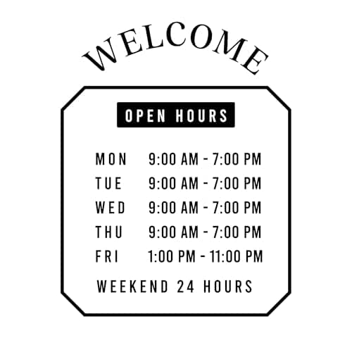 Amazon.com: Custom Business Hours Window Decal | Welcome Open Hours ...