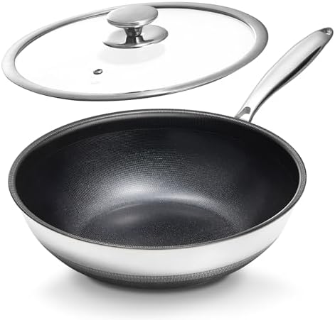 KOKHUB 30 cm Non Stick Wok with Lid, Titanium Ceramic Stainless Steel ...