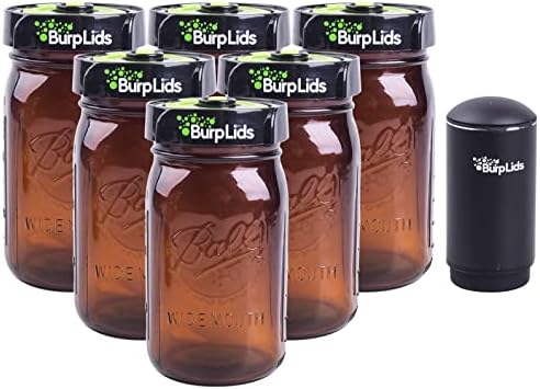 Amazon.com: Burp Lids 6 Pack 32oz Amber Jars Curing Kit With AUTO PUMP ...