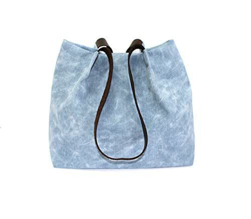 Amazon.com: light-blue stone wash tote bag with brown real leather ...