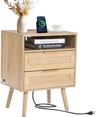 Amazon.com: Masupu Nightstand with Charging Station,Rattan Night Stand ...