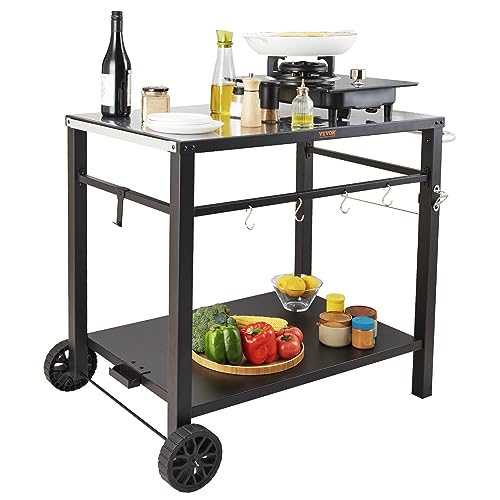 VEVOR Outdoor Grill Cart with Double-Shelf, BBQ Movable Food Prep Table ...
