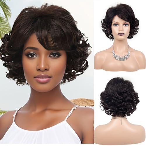 Amazon.com: XIUFAXIRUSI XIUFAXIRUSIShort Dark Brown Curly Wigs for ...