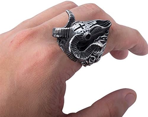 ELFASIO Men Satanic Baphomet Skull Rings for Men Inverted Cross Goat ...