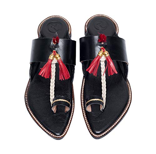 Buy KARVEERA Men's Leather Black Plain Kolhapuri Fashion Sandal Chappal ...