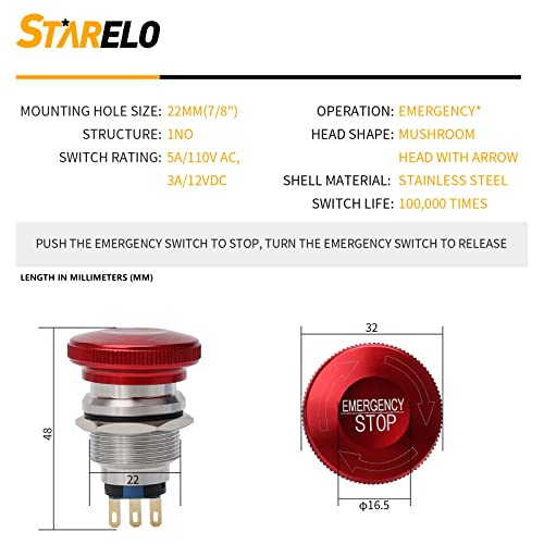 Snapklik.com : STARELO 22MM Metal Emergency Stop Mushroom Latching Push ...