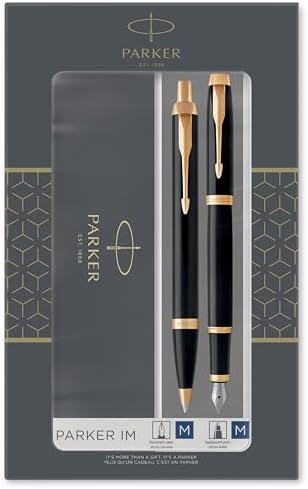 Parker IM Duo Gift Set with Ballpoint Pen & Fountain Pen, Gloss Black with Gold Trim, Blue Ink ...