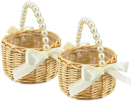Amazon.com: BETAULIFE Wicker Rattan Flower Girl Basket with Bows,Pearl ...