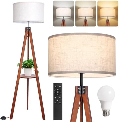 GiantexUK Tripod Floor Lamp with Shelf, Rubber Wood Frame Standing ...
