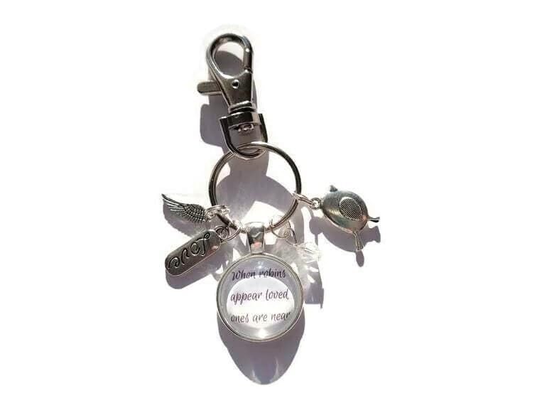 When ROBINS appear 20mm handmade glass cabochon bag clip keyring gift ...