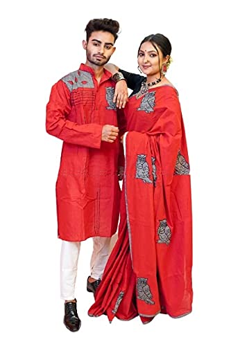 Buy ipsita Shantiniketan Style Khadi Cotton Woman Saree and Man Kurta ...