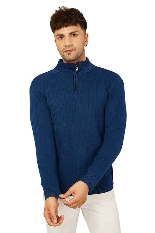 Kvetoo Men High Neck Zipper Full Sleeve Woolen Winter Sweater Indigo ...