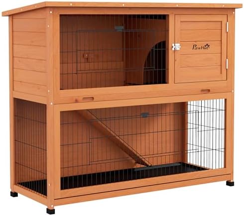 PawHut Wooden Rabbit Hutch, 2 Tier Outdoor Rabbit Cage with Trays, Ramp ...