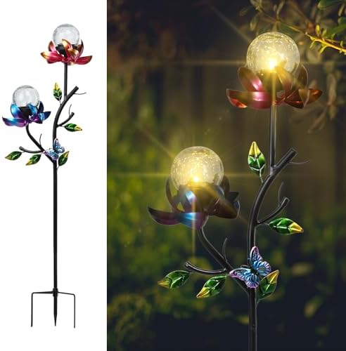 VCUTEKA Solar Garden Light Solar Flowers Light with LED Crackle Glass ...