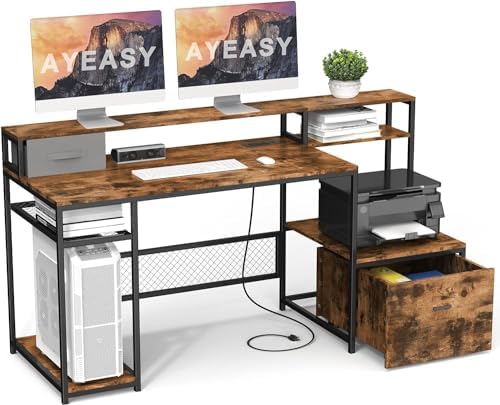 Amazon.com: Pshelfy Computer Desk with Power Outlet 2-Tier Ladder Home ...