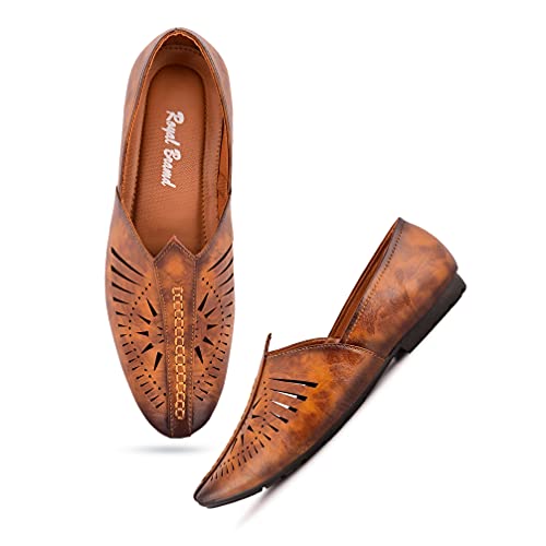 Royal Brand Punjabi Juti Jalsa Nagra Mojaris Pathani Shoes for Men (TAN ...