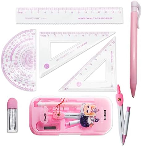 Maths Set, 7 PCS Protractor and Compass Math Set Pink Geometry Sets for ...