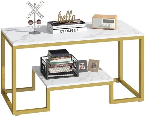 Giantex White Marble Coffee Table - Modern 2-Tier Center Table w/Open ...