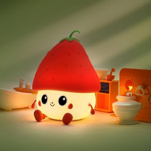 Strawberry Night Light, Cute Soft Silicone LED Lamp with Dimmable and ...
