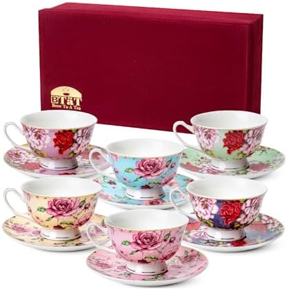 Amazon.com | BTaT- Floral Tea Cups and Saucers Set of 8 (8 oz ...