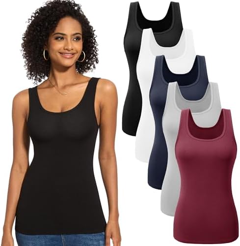 TVKSOM 5 Pack Basic Ribbed Tank Tops for Women Layering Undershirts, S ...
