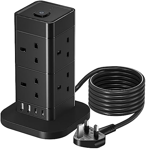 3M Tower Extension Lead with USB Solts,AUOPLUS 3250W 13A 6 Outlets and 4 USB Charging Ports ...