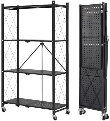 DEANIC 4-Shelf Foldable Storage Shelves with Wheels, Heavy Duty ...
